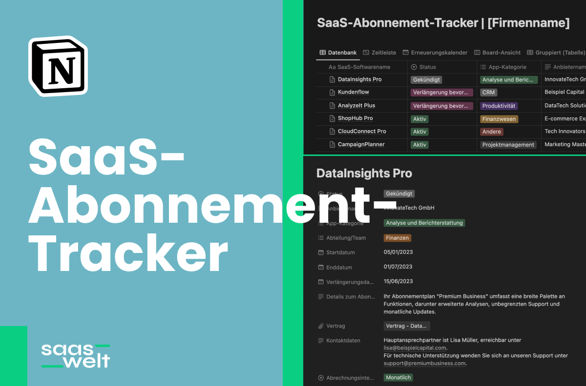 SaaS-Abonnement-Tracker • Notion Vorlage | SaaS-Welt